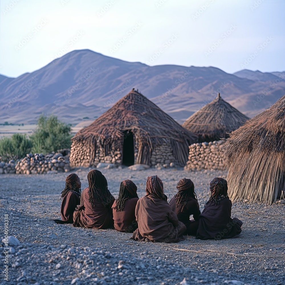 Group of Himba women in traditional attire sitting in front of their ...