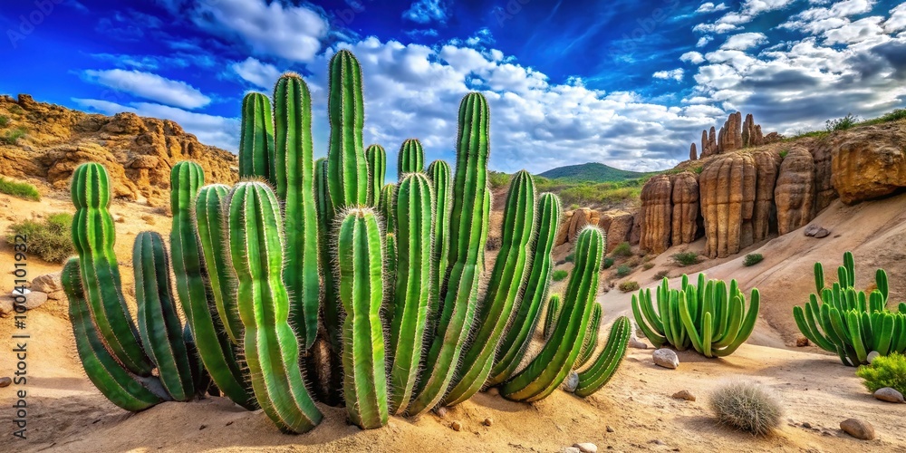 In the desert landscape, a majestic cereus jamacaru rises, its rounded ...