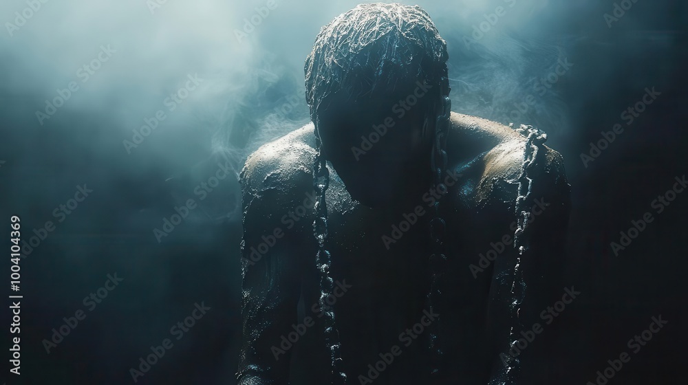chains wrapped around a human silhouette shrouded in darkness ...