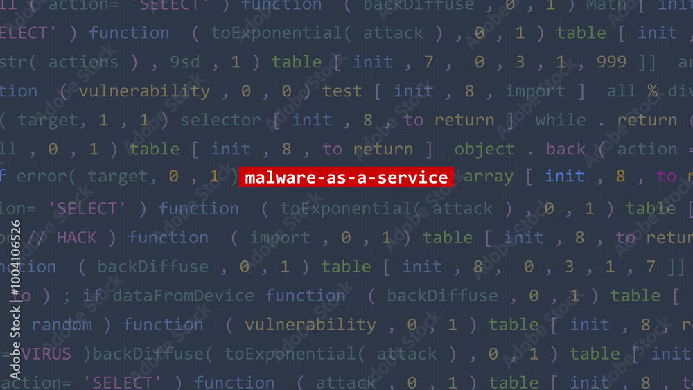 Cyber attack malware-as-a-service text in foreground screen of code editor developer studio ...
