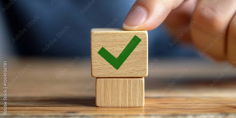 Wooden blocks and green check mark icon with hand on table background ...