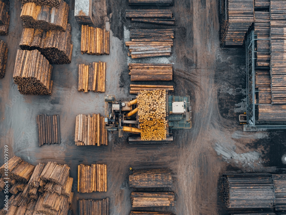 Aerial view of a busy lumber yard with stacks of timber and a loading ...