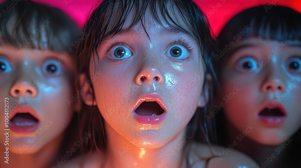 childrens faces illuminated with shock and awe in neon glow capturing a ...