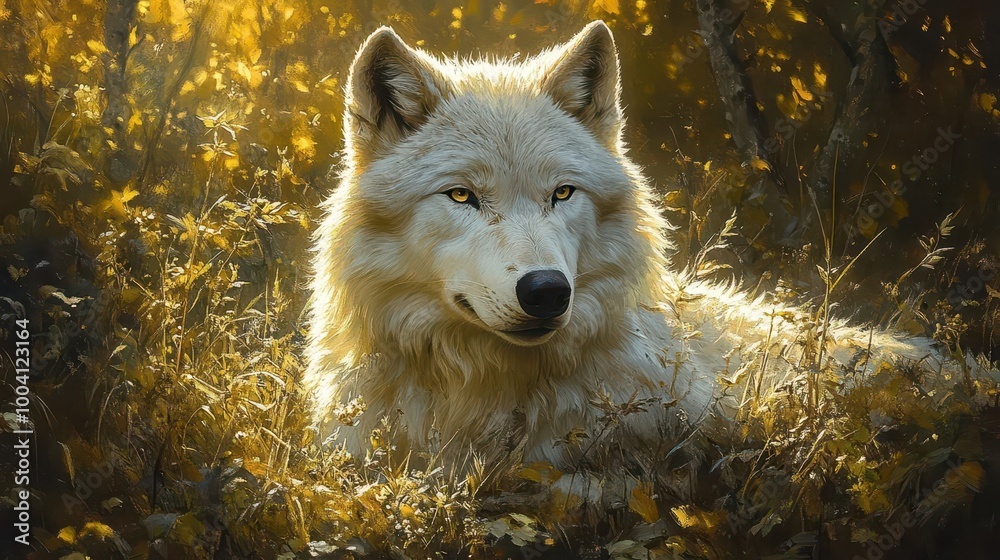 closeup portrait of a majestic white wolf set against a lush forest ...