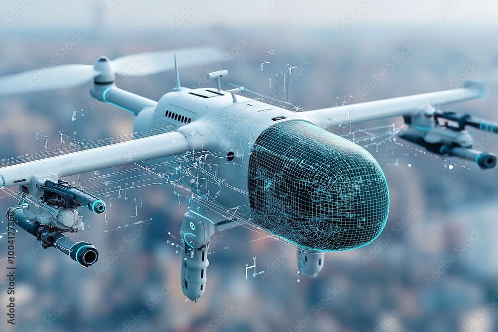 A futuristic AI controlled drone is depicted soaring above cityscape ...
