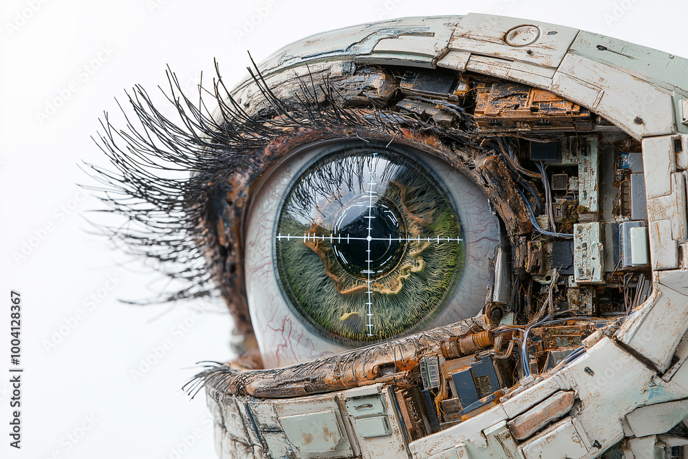 A robotic eye with intricate details and crosshairs in center ...