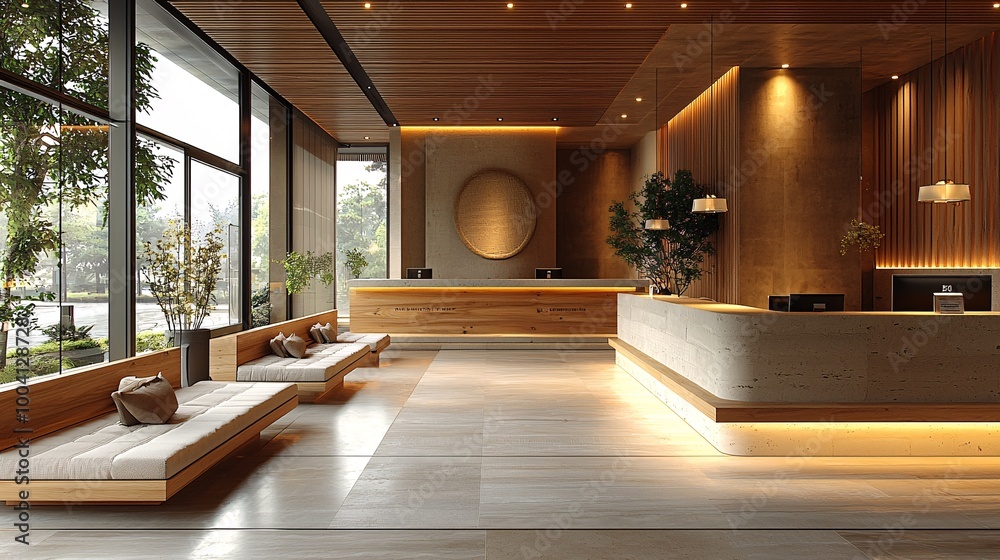 Minimalist reception space with clean lines, neutral color palette, and ...