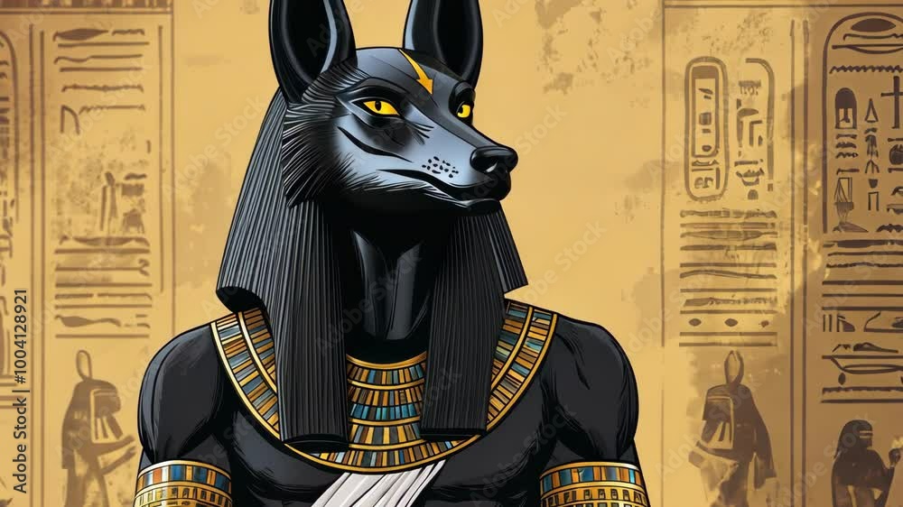 Anubis, the jackal-headed god of the dead, stands before a wall of ...