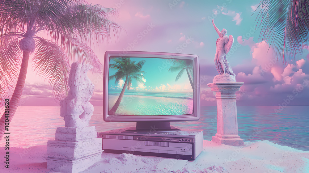 Generative AI, Vaporwave Aesthetic: Surreal Beach with Vintage Tech and ...