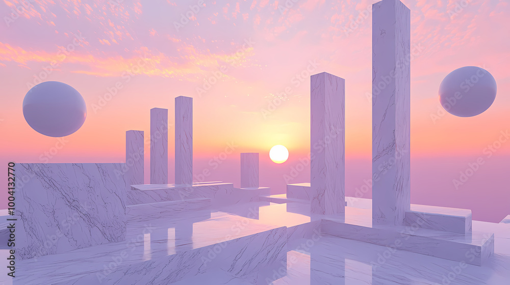 Generative AI, Vaporwave Landscape: Marble Columns and Geometric Shapes ...