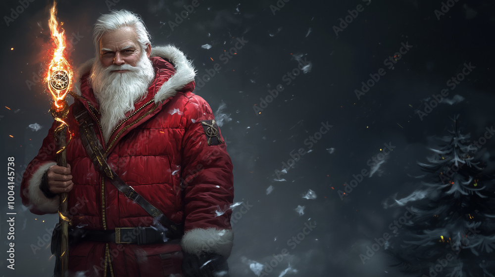 A modern Santa Claus with a stern expression, holding a magical staff ...