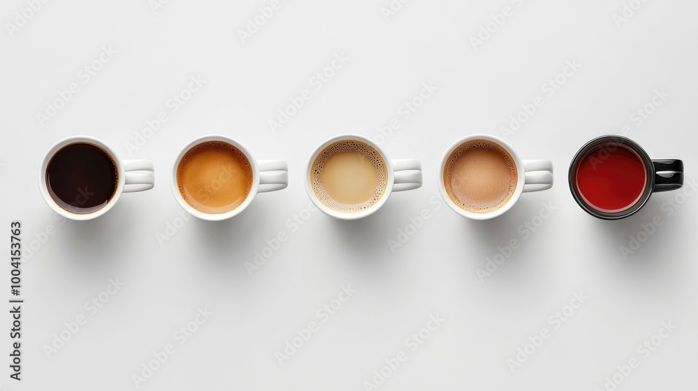 A lineup of cups displaying the beautiful spectrum of coffee from dark ...