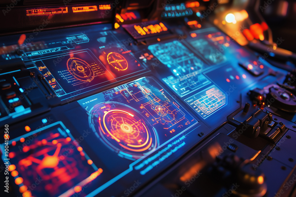 A detailed shot of a spaceship’s control panel, featuring holographic ...