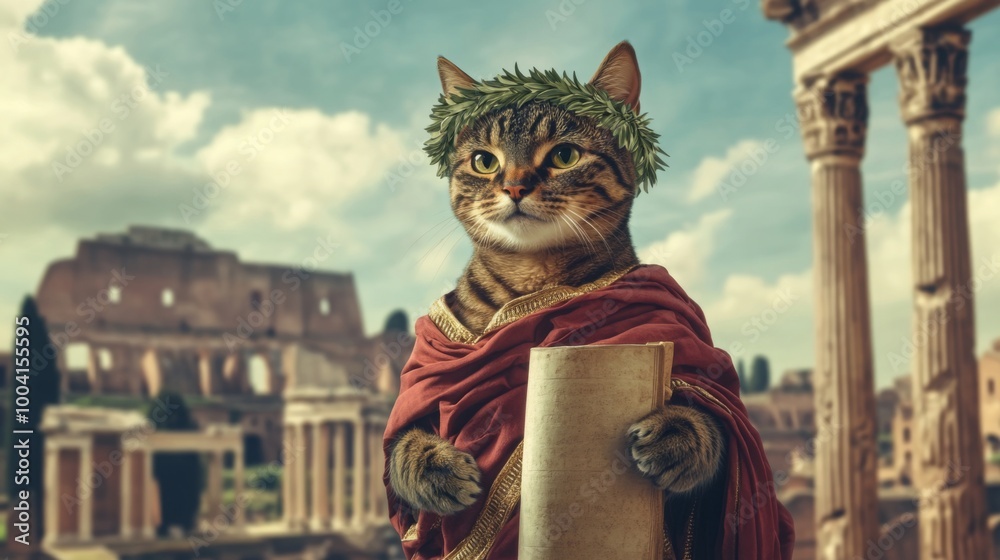 A cat dressed in a toga and adorned with a laurel crown stands proudly ...