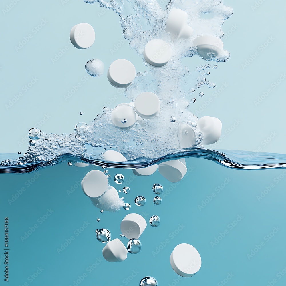 Effervescent tablets dissolving in water with bubbles in a dynamic cut-out design. Stock Photo ...