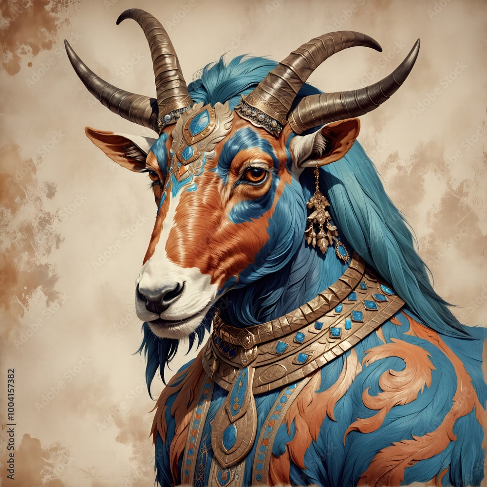 Animal mitológico imaginario con 4 cuernos, similitud con el búfalo ...