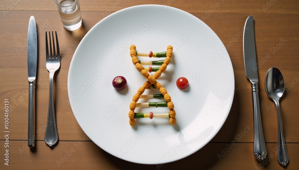 DNA helix structure on a plate symbolizing genetically modified foods ...