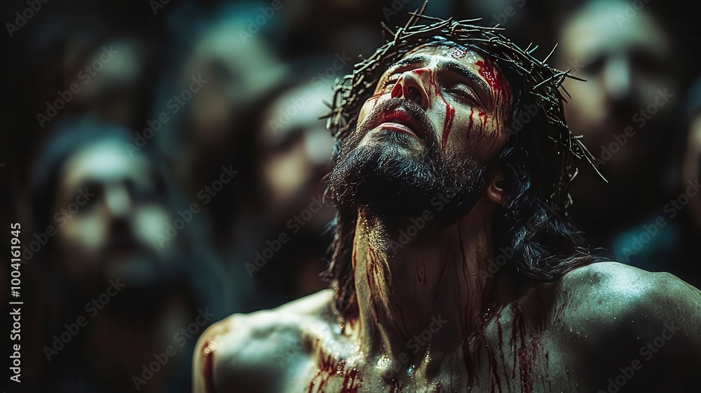 dramatic portrayal of jesus christ on the cross surrounded by a ...