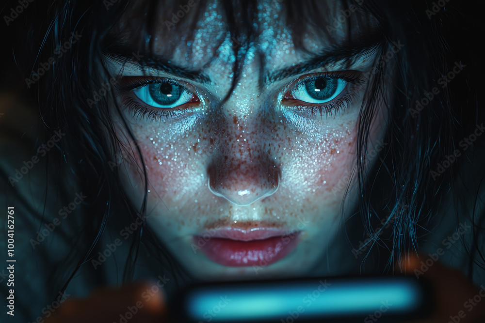 A person's face lit only by the glow of a phone screen in a dark room ...
