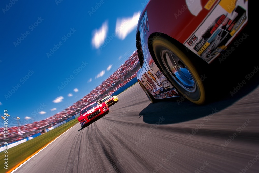 NASCAR race cars speeding through Talladega Superspeedway during the ...