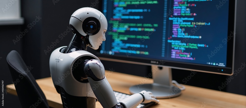 AI chatbot robot working at desk with computer to represent artificial ...