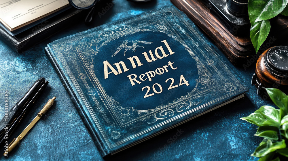 An annual report for 2024 is displayed on a stylish desk alongside a ...