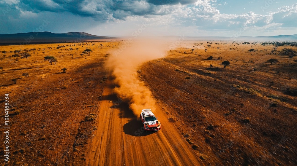 Rally car racing across the rugged sun-drenched plains of Kenya in the ...