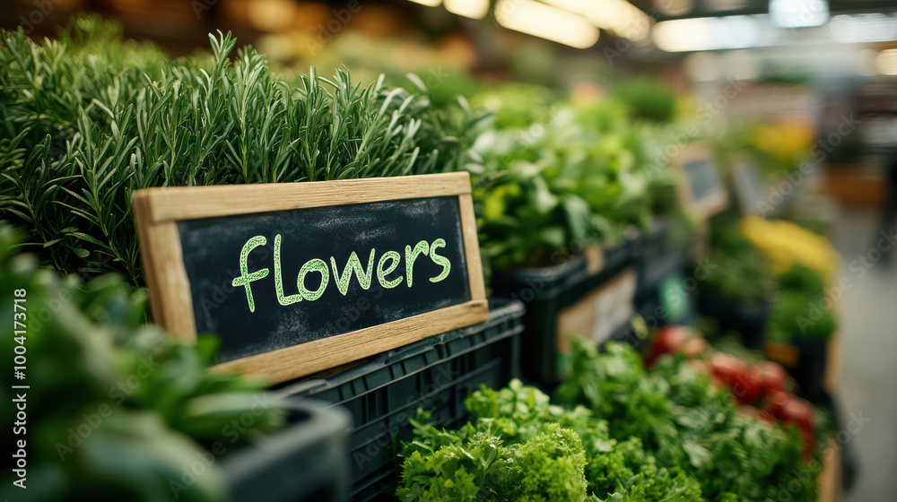 Flower market stall with rows of fresh plants and a “Flowers” sign ...