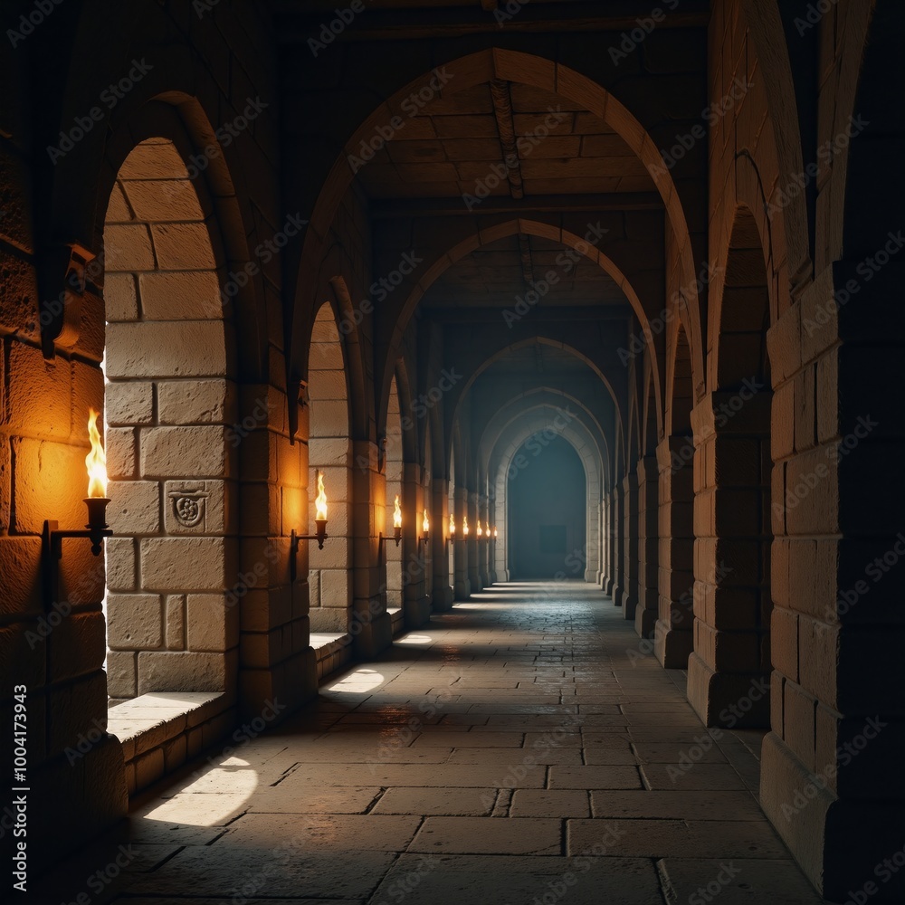 A medieval castle corridor with torches sets the stage for an ancient ...