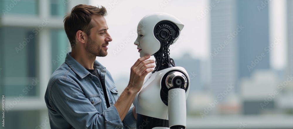 Futuristic relationship depiction featuring man and feminine robotic ...
