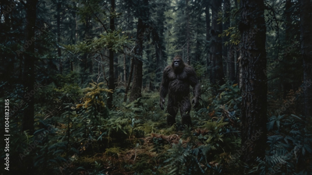 Vintage film photo of Bigfoot in a forest. Illustration of a Sasquatch. Yeti in the woods. Stock ...