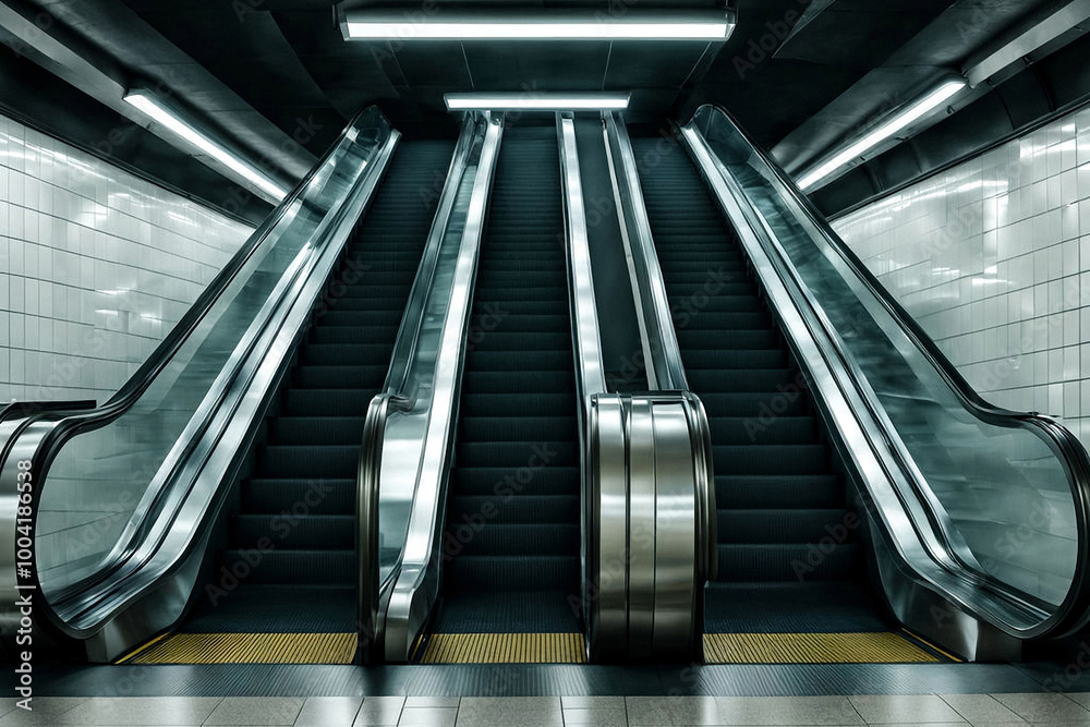 An empty escalator in subway metro. Transportation of people up and ...