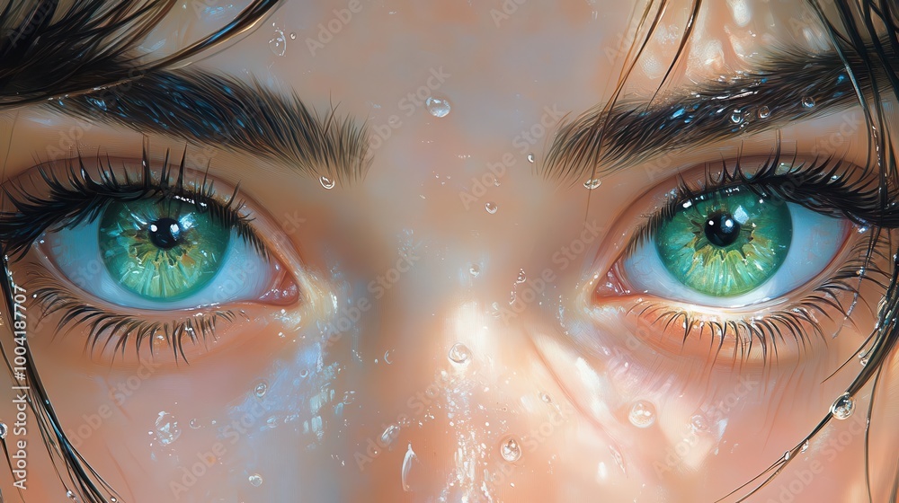 expressive green eyes of animestyle girls filled with a spectrum of ...