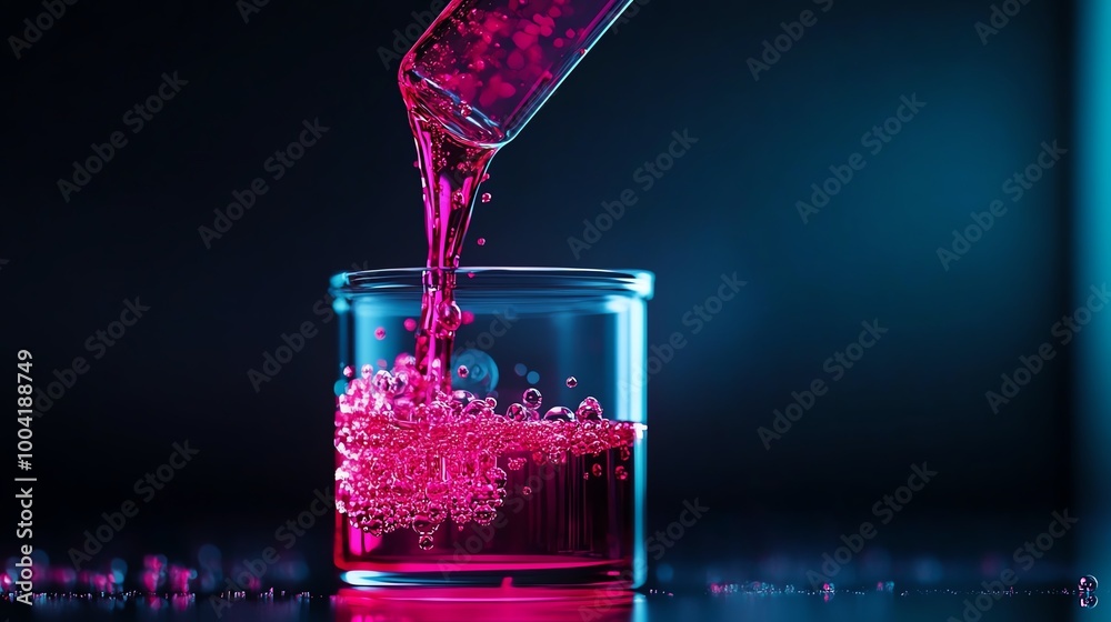Fluorescent liquid pouring into a beaker with glowing molecular ...