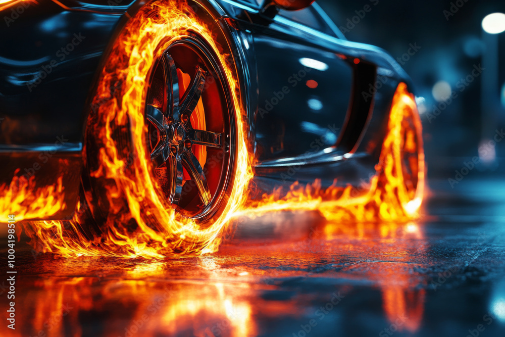 Cropped shot of black sports car is speeding at night with wheels on ...