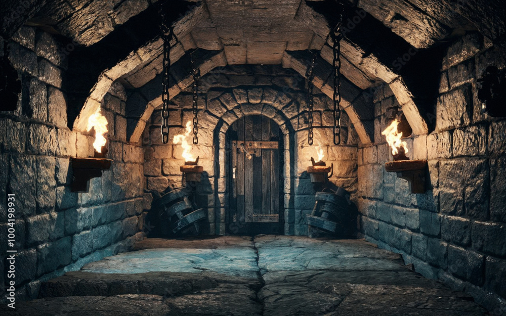Dimly lit medieval dungeon room with eerie atmosphere, stone walls ...