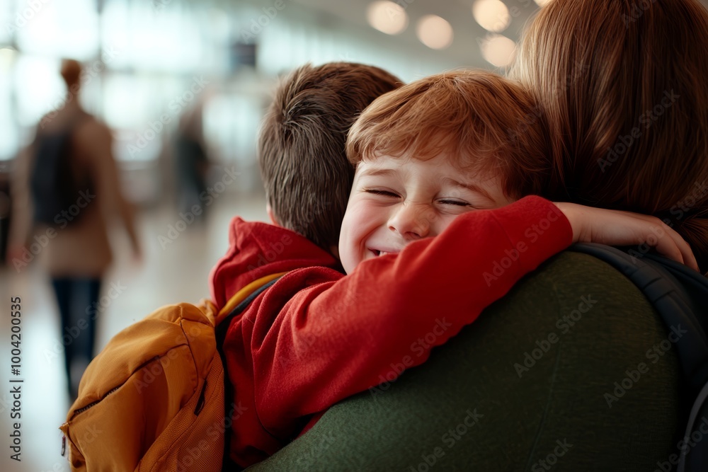 Joyful child hugging a caregiver at the airport, expressing happiness ...