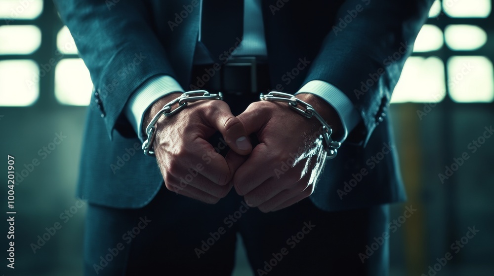 Man in a suit with chained hands standing in a dark room, symbolizing ...