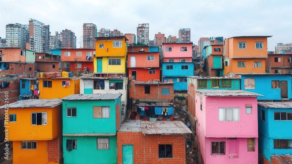 Overcrowded slum areas with poor sanitation, contrasted with luxury ...