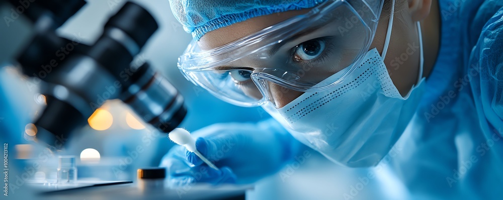 Lab techs swabbing surfaces with sterile cotton swabs for contamination ...