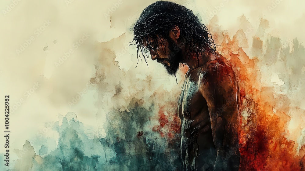 jesus carries his cross in an evocative digital watercolor painting ...
