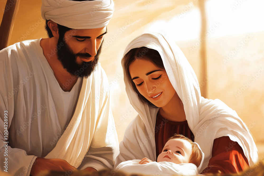 Beautiful Nativity scene with baby Jesus, Mary, and Joseph, symbolizing ...