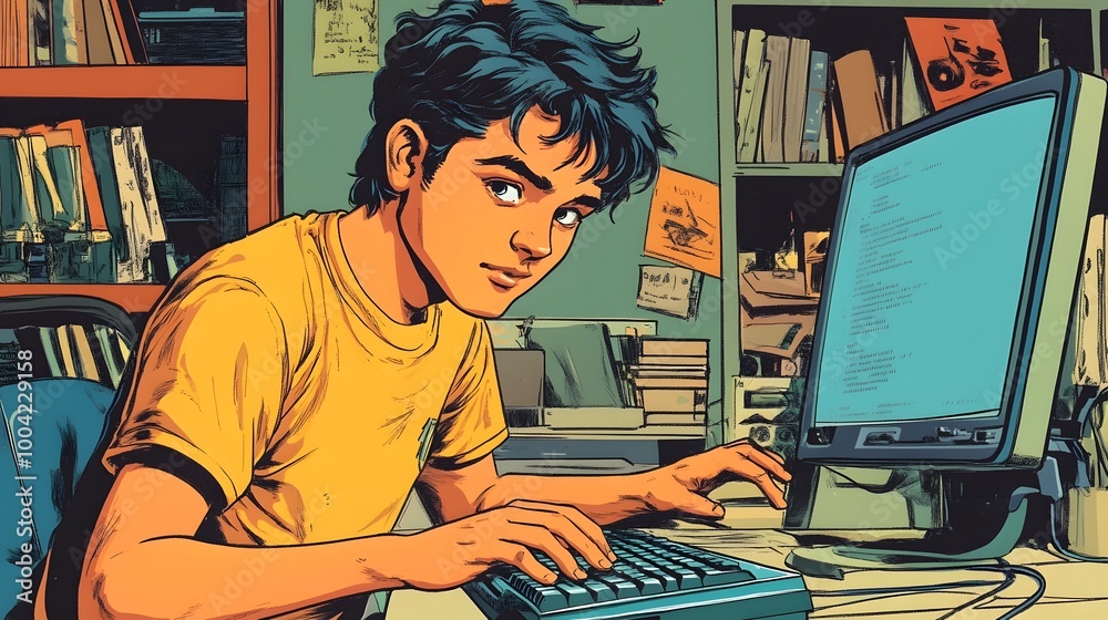 A comic book panel of a young man typing on his computer in the early ...