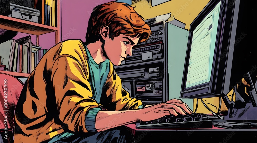 A comic book panel of a young man typing on his computer in the early ...