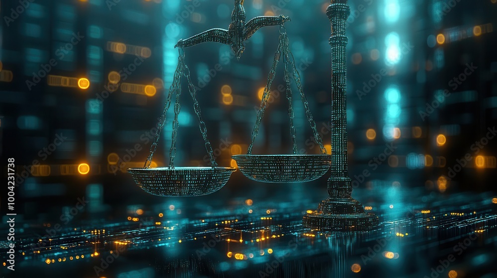 law scales juxtaposed with a modern data center background representing ...