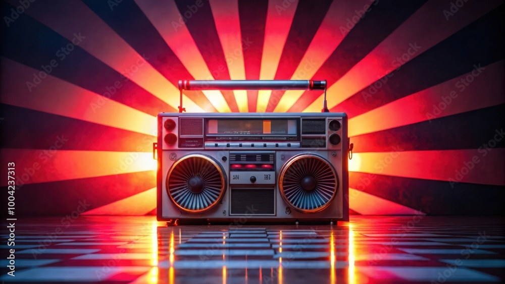 Retro Boombox with Rising Sun Flag under Moody 80s Lighting for Vintage ...