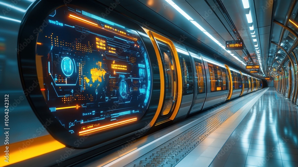 Underground train system with high-tech features, sleek design, glowing ...