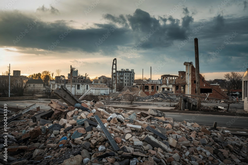 Dystopian Ruined Cityscape: Desolate Streets, Crumbling Buildings, and ...