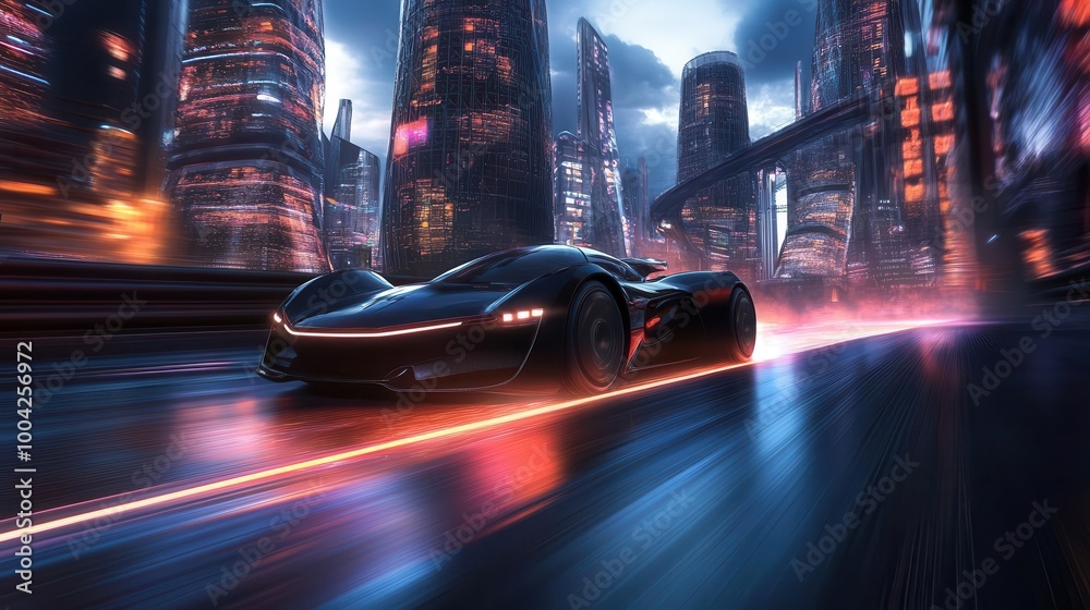 sleek electric hypercar racing through neon-lit cyberpunk megacity ...