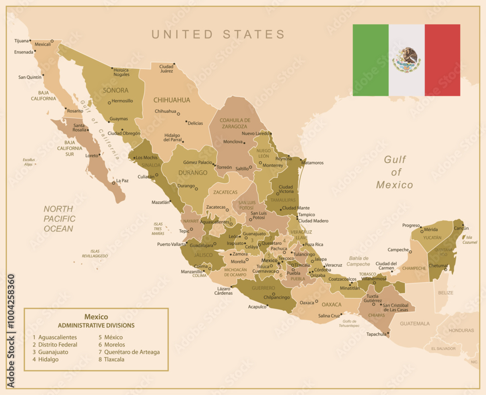 Mexico - detailed map of the country in brown colors, divided into ...